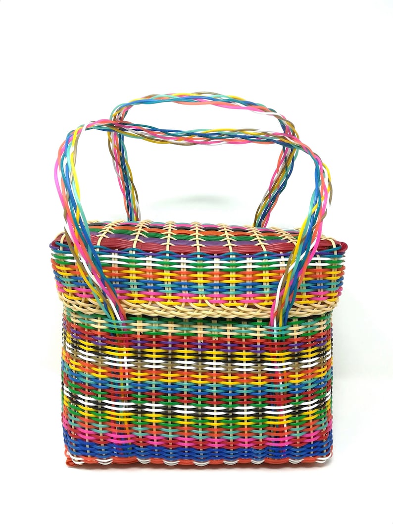 Handwoven Small Picnic Basket With Handles, Strong Recycled Plastic ...