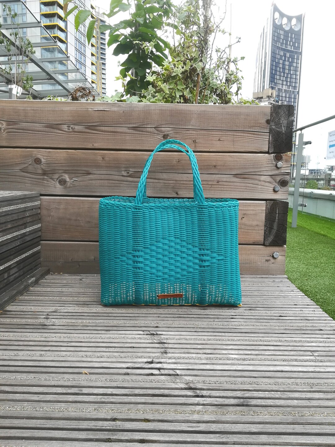 Large Teal Tote Bag, Handwoven From Recycle Plastic, Strong and Durable ...