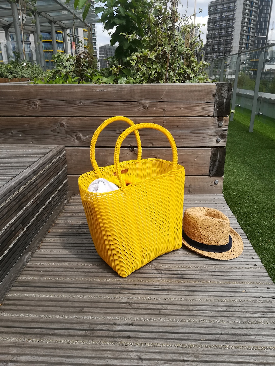 Large Yellow Tote Bag, Handwoven From Recycled Plastic, Strong and ...