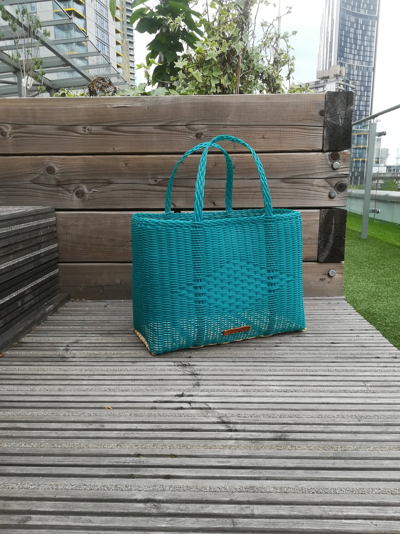 Large Teal Tote Bag, Handwoven From Recycle Plastic, Strong and Durable ...