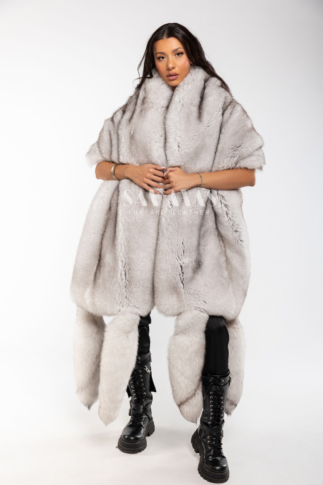 Luxury Double Face Blue Fox and White Rex Boa-cape With Tails, Fox Cape ...