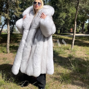 Full Skin BLUE FOX Fur Jacket/coat With Huge Double Fur Hood,unisex Fur ...