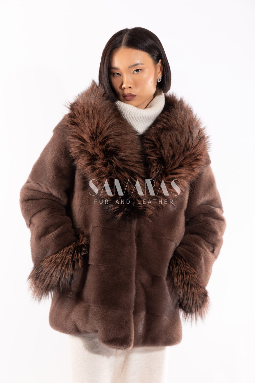 Luxury Wood Colour Mink Fur Jacket With Lavish Fox Collar and Cuffs,top ...