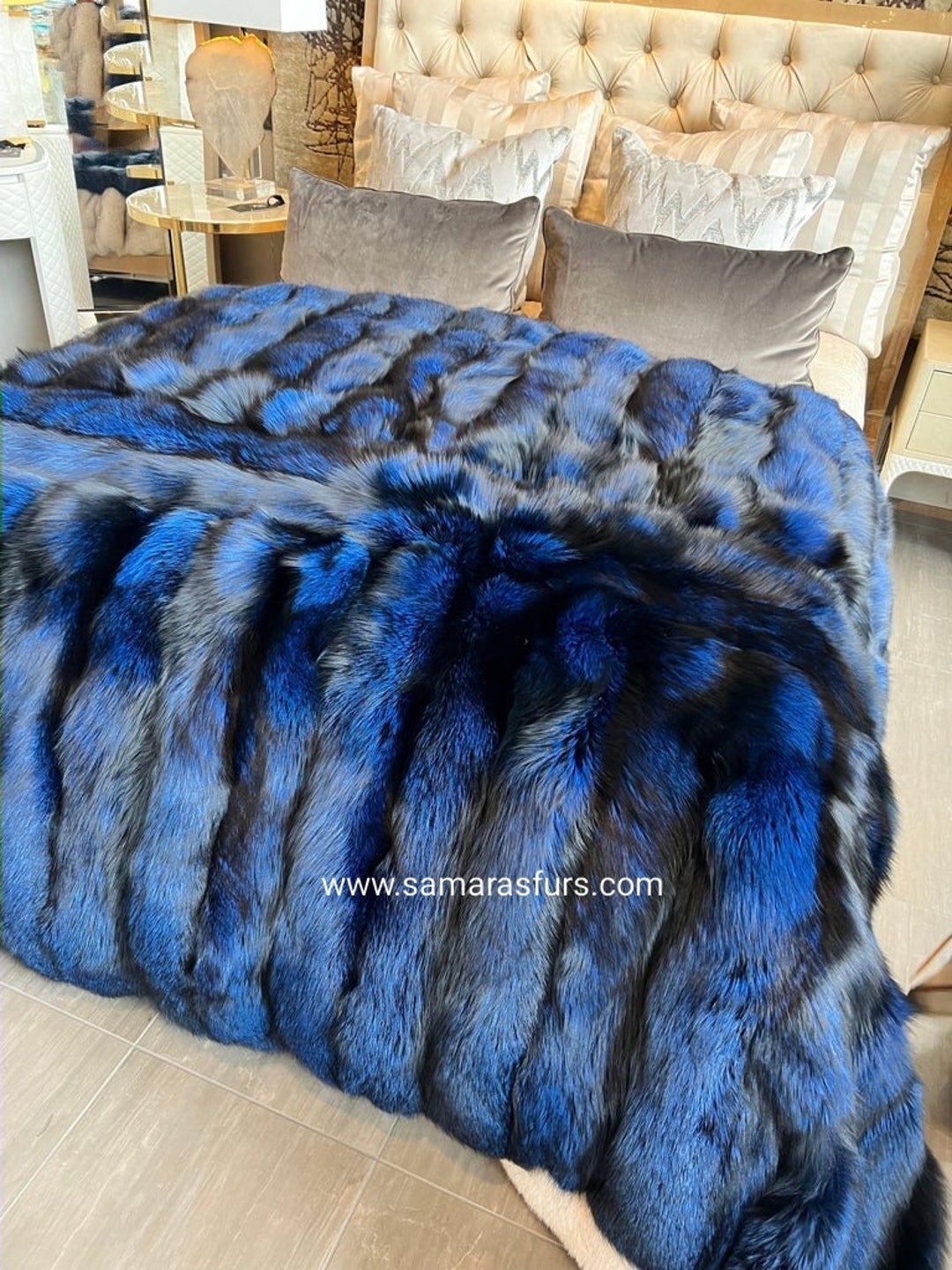 REAL SILVER FOX Dyed Blue Color Fur Throw,luxury Velvet Style Lining ...