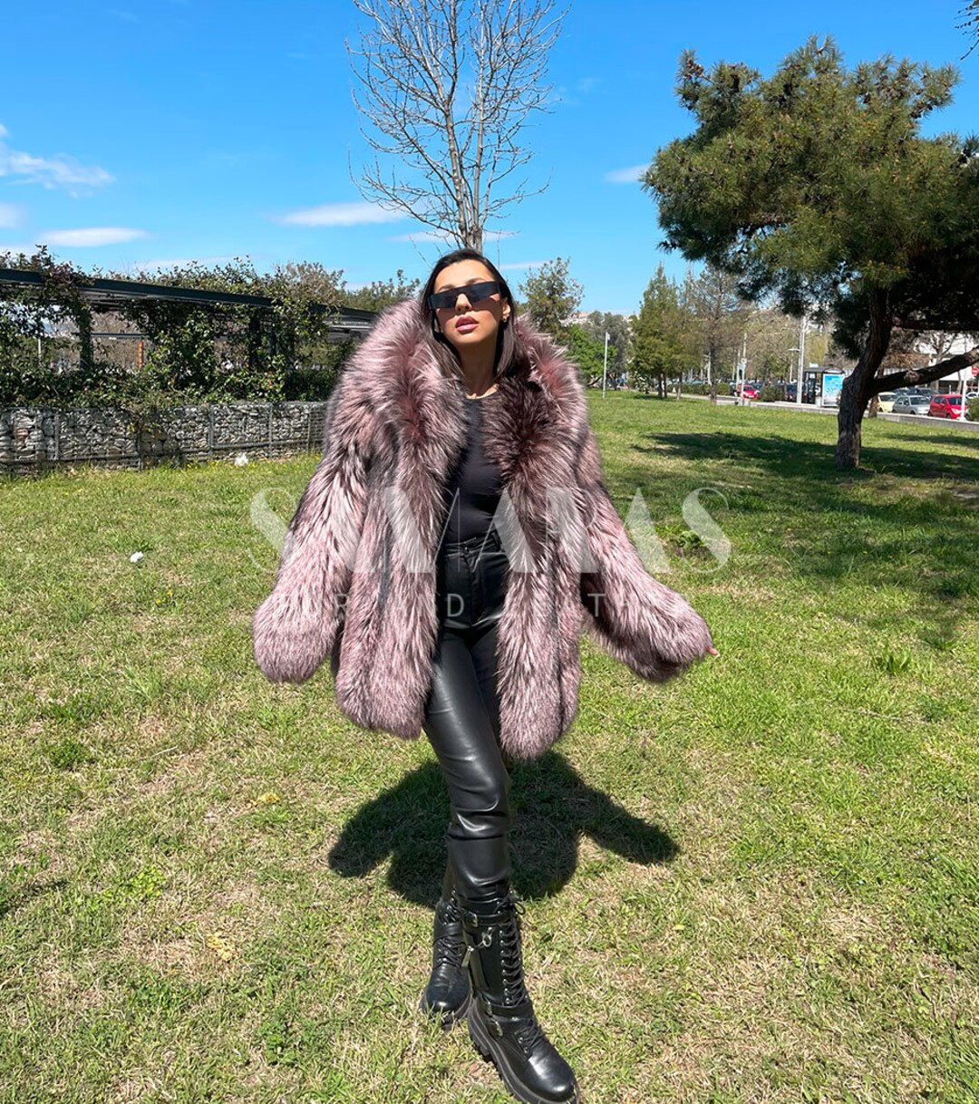 LUXURY PINK SILVER Fox Fur Jacket With Whole Skin and Double Fur Hood ...