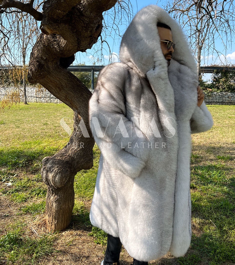 Mens Full Skin BLUE FOX Fur Jacket/coat With Huge Double Fur Hood,mens ...