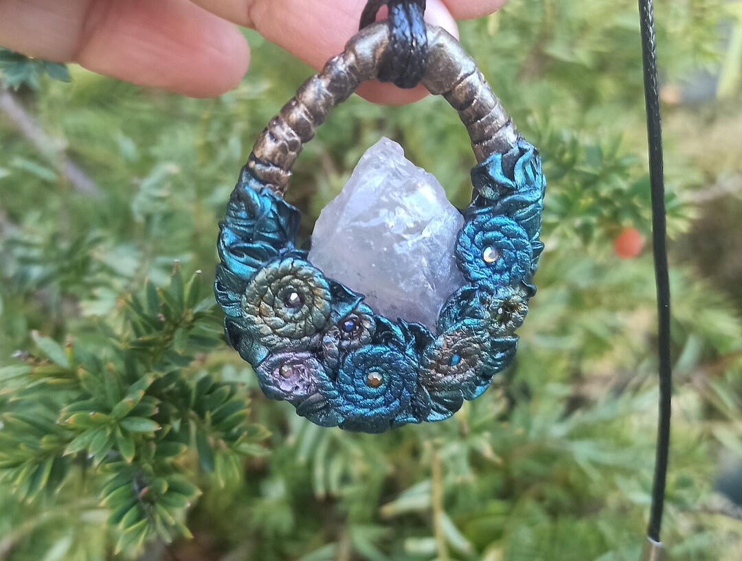 Amulet Necklace With Natural Stone "rose Quartz".//polymer Clay ...