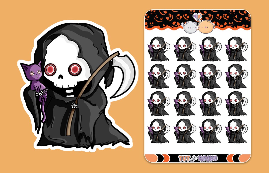 Kawaii Grim Reaper Halloween Stickers: Cat Reaper Sticker Sheet - Etsy