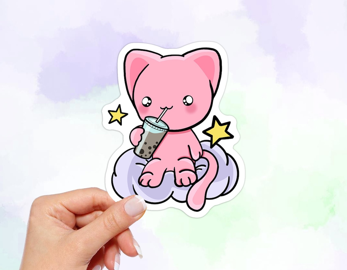 Cat on Cloud Boba Sticker: Waterproof Vinyl Decal - Etsy