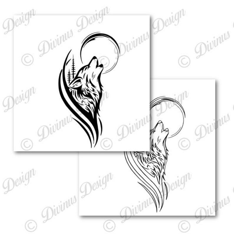 Tribal Howling Wolf Tattoo Design and Stencil Wolf and Moon - Etsy
