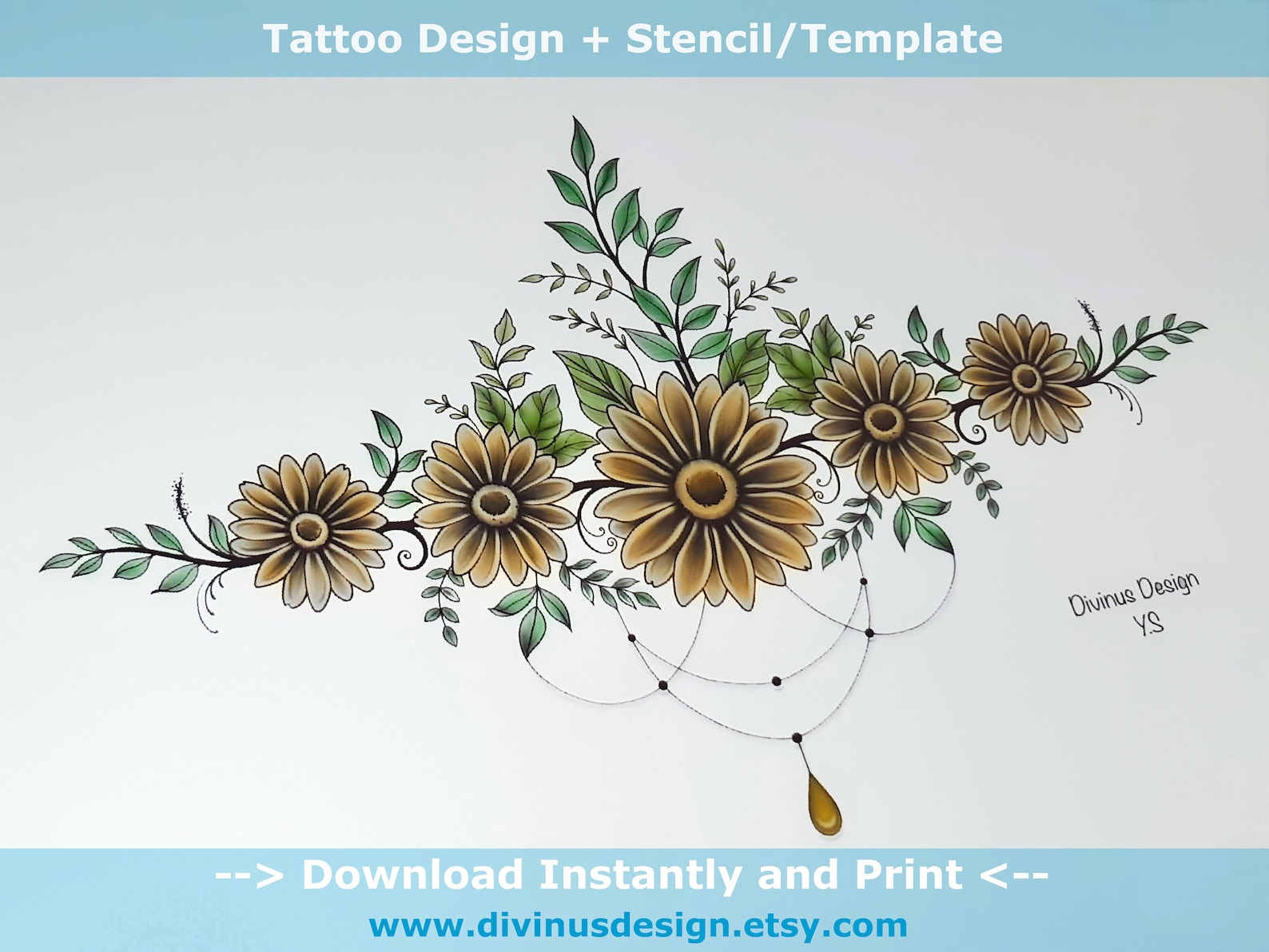 Colored Sunflower Sternum Tattoo Design and Stencil/template | Etsy