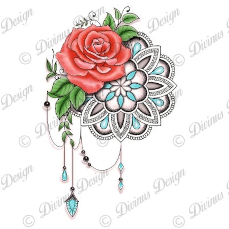 Rose and Mandala Tattoo Design and Stencil Instant Digital | Etsy