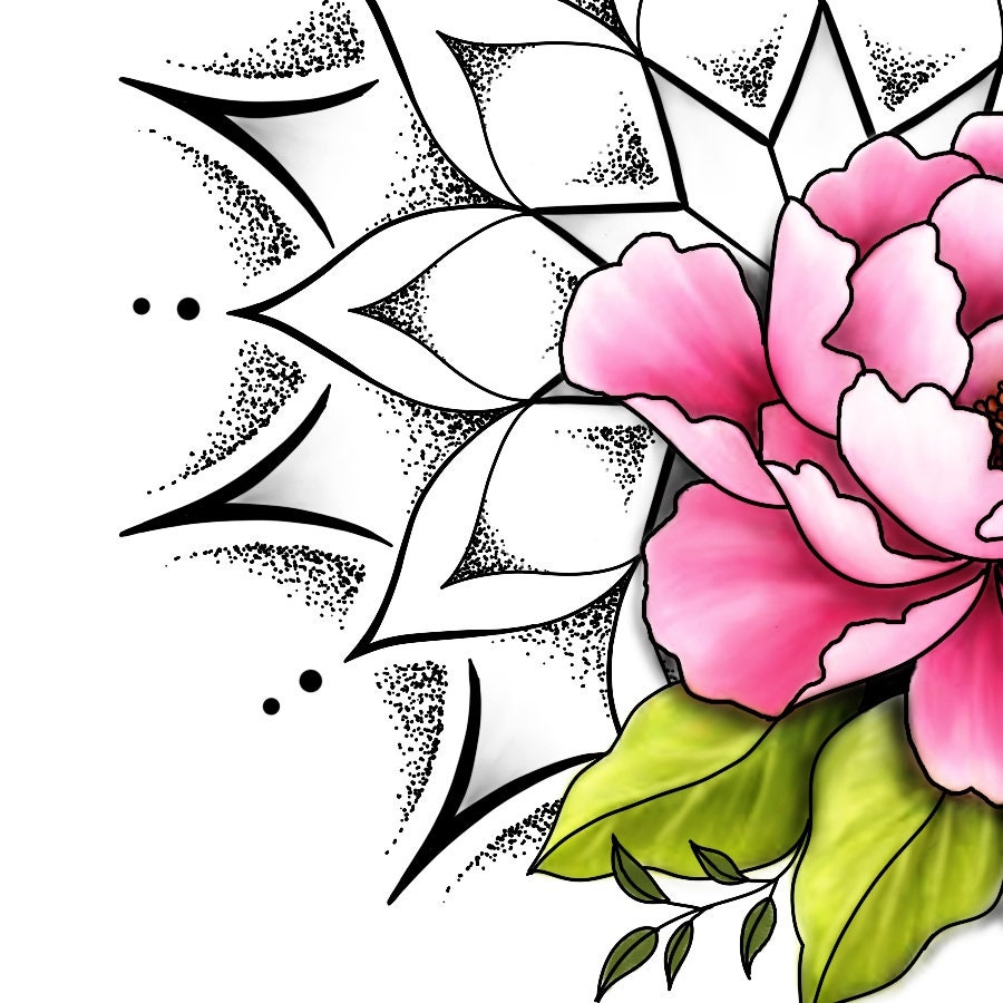 Peony Flower and Sun Mandala Tattoo Instant Digital Download | Etsy