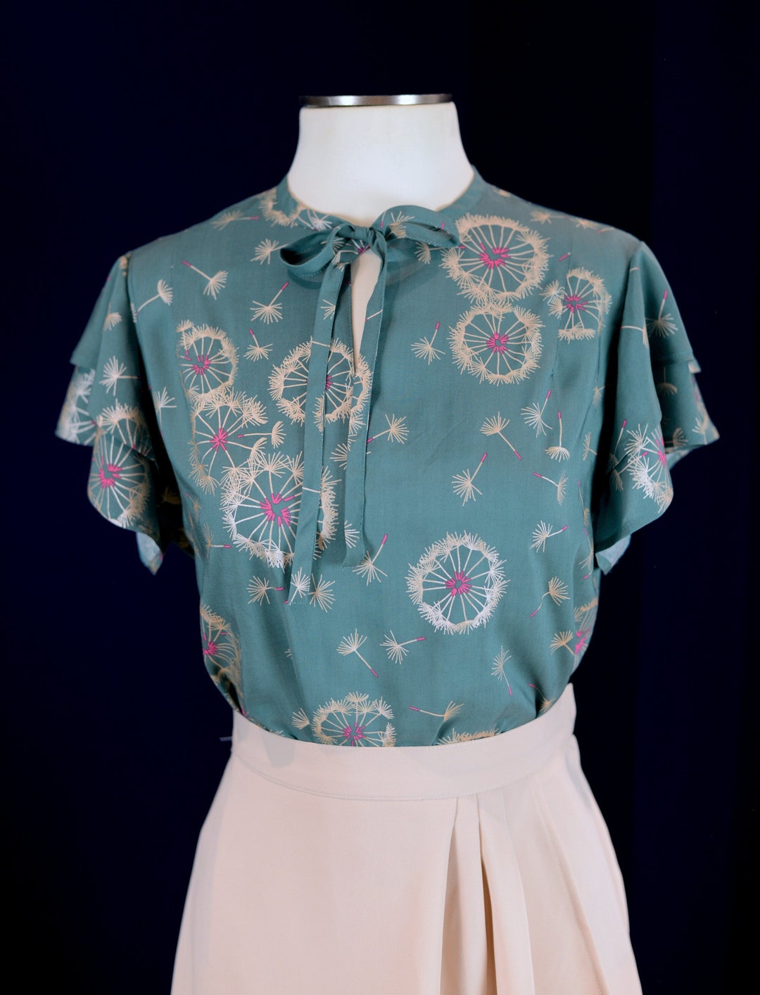 30s Vintage Style Blouse in Dusty Teal With Silver Dandelion Pappus ...