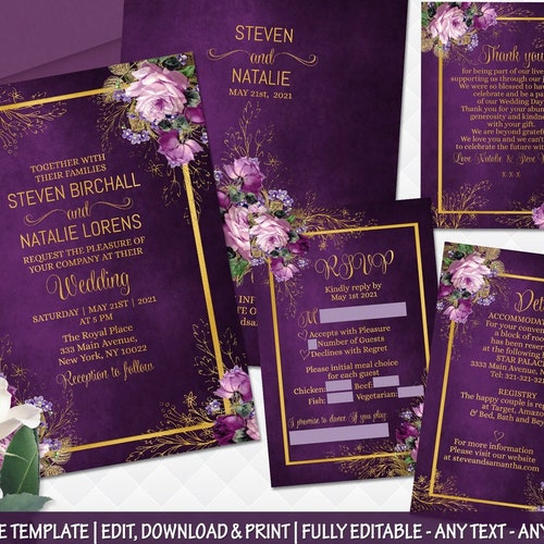 Purple Roses Wedding Invitation Editable Bridal Shower Invite - Etsy
