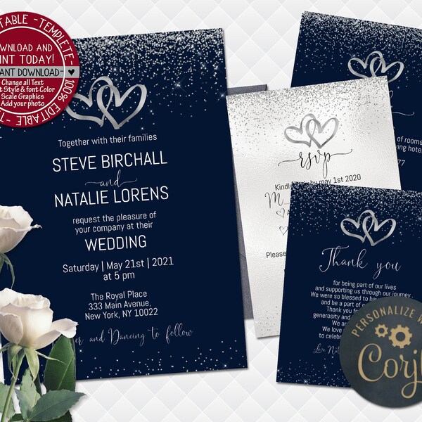 Navy Blue and Silver Wedding Invitations - Etsy