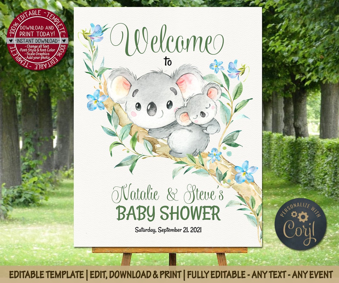 Koala Baby Shower Welcome Sign Neutral Welcome Poster Editable Baby Boy ...