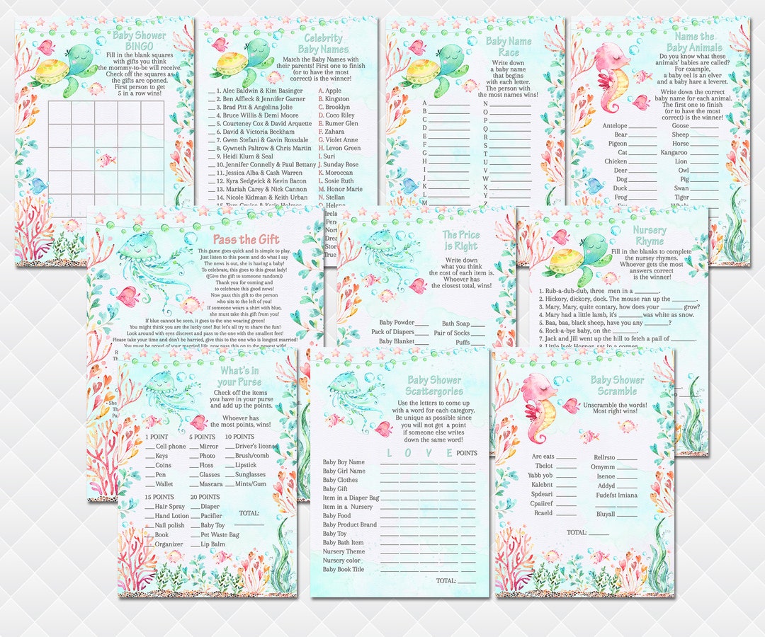 Under the Sea Baby Shower Games Package Bingo What's in Your Purse Quiz ...