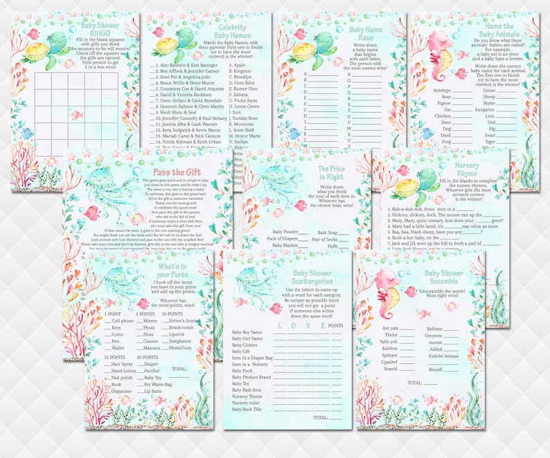 Under the Sea Baby Shower Games Package Bingo What's in - Etsy