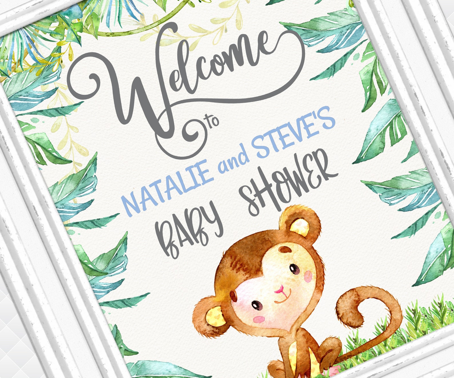 Monkey Baby Shower Welcome Sign Jungle Welcome Poster Blue | Etsy