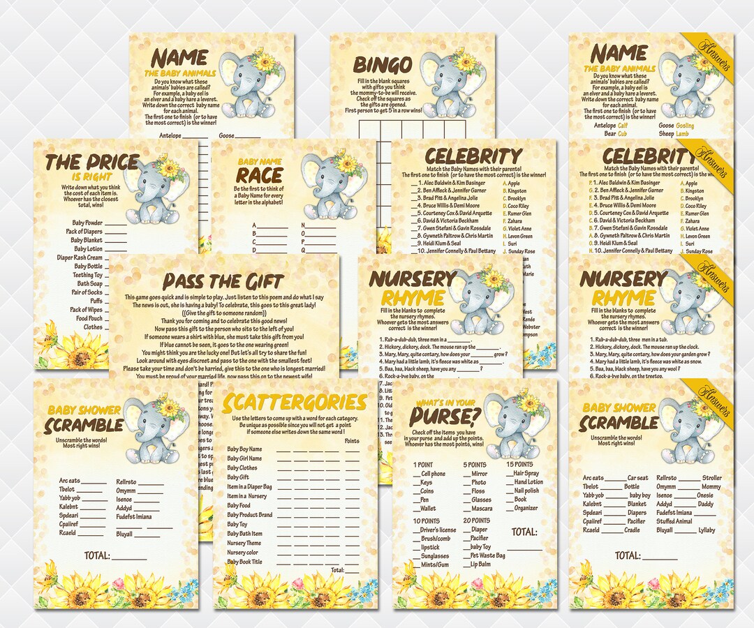 Elephant Baby Shower Games Package Bingo What's in Your Purse Quiz ...