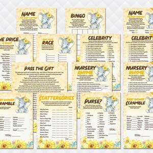 Elephant Baby Shower Games Package Bingo What's in Your Purse Quiz ...