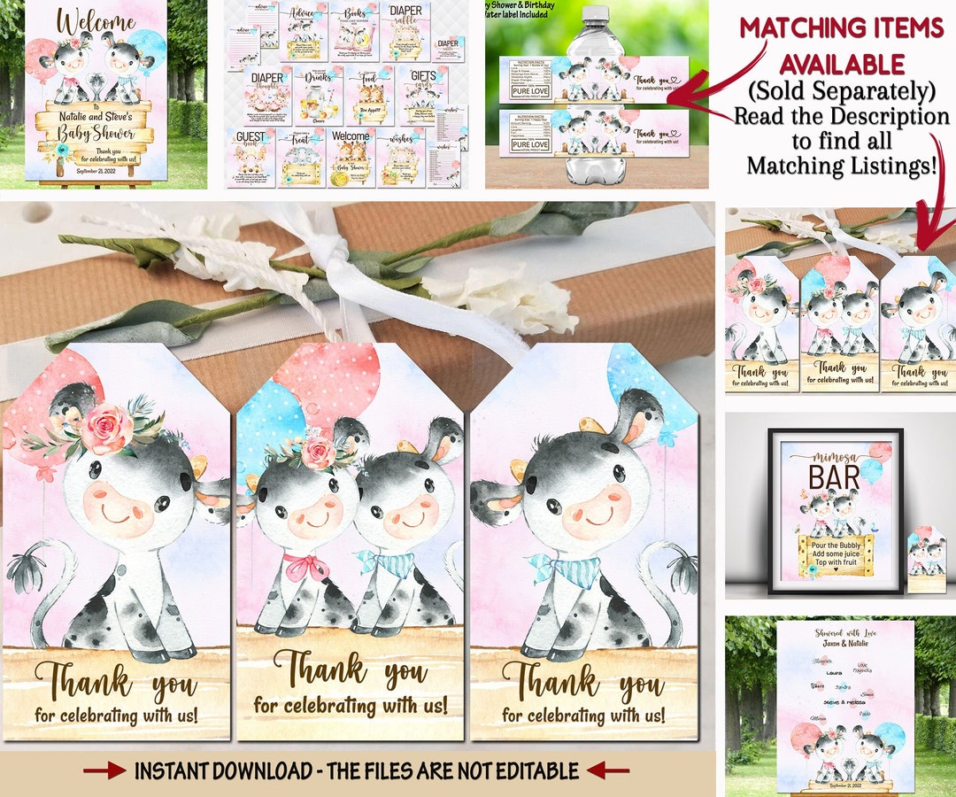 Twins Cows Gender Reveal Baby Shower Tags Birthday DIY Farm Set of Tags ...