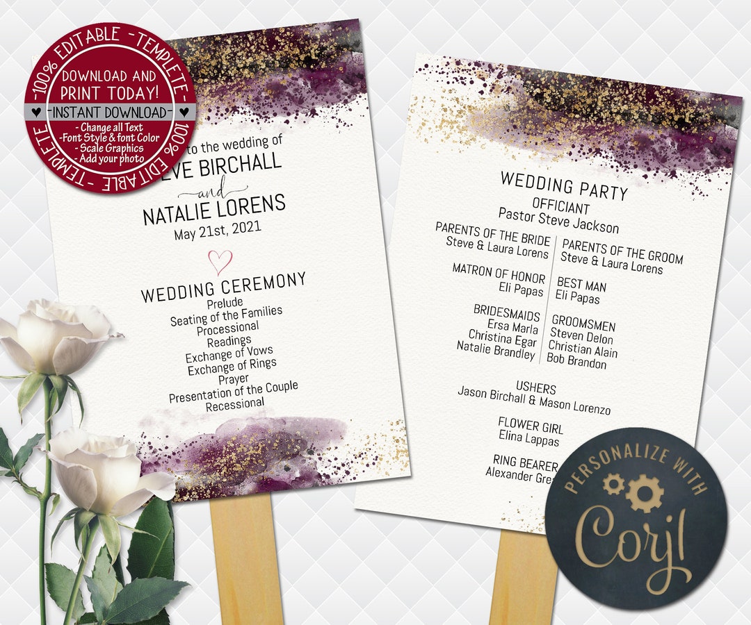 Purple Wedding Program Fan Editable Program Fan Purple Gold Watercolor ...