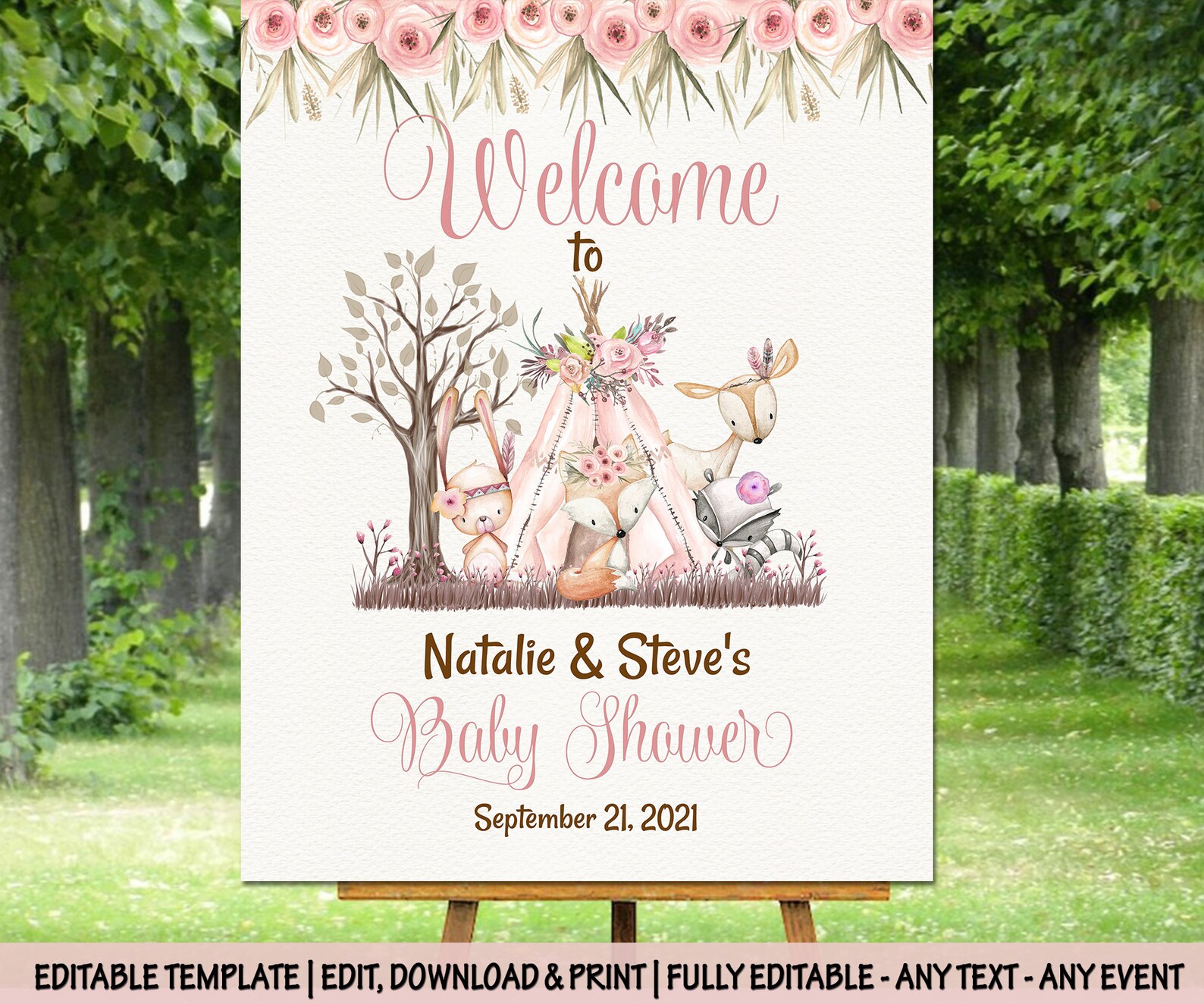 Woodland Baby Shower Welcome Sign Boho Bohemian Sign Pink - Etsy