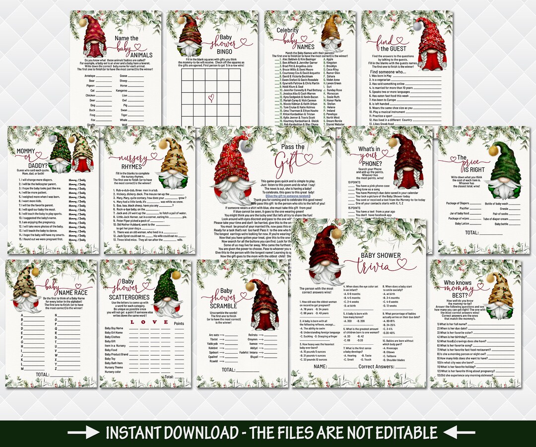 Christmas Gnomes Baby Shower Games Package Nursery Rhyme - Etsy