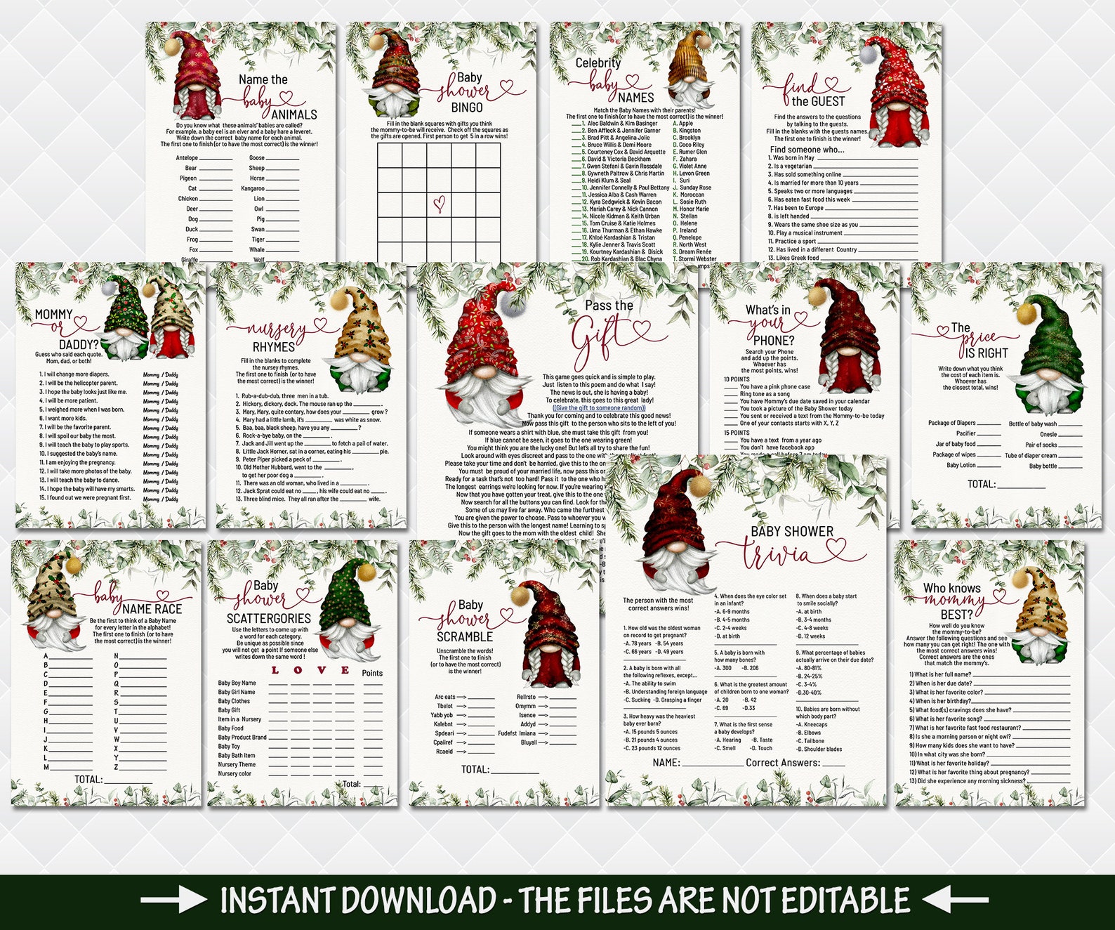 Christmas Gnomes Baby Shower Games Package Nursery Rhyme - Etsy