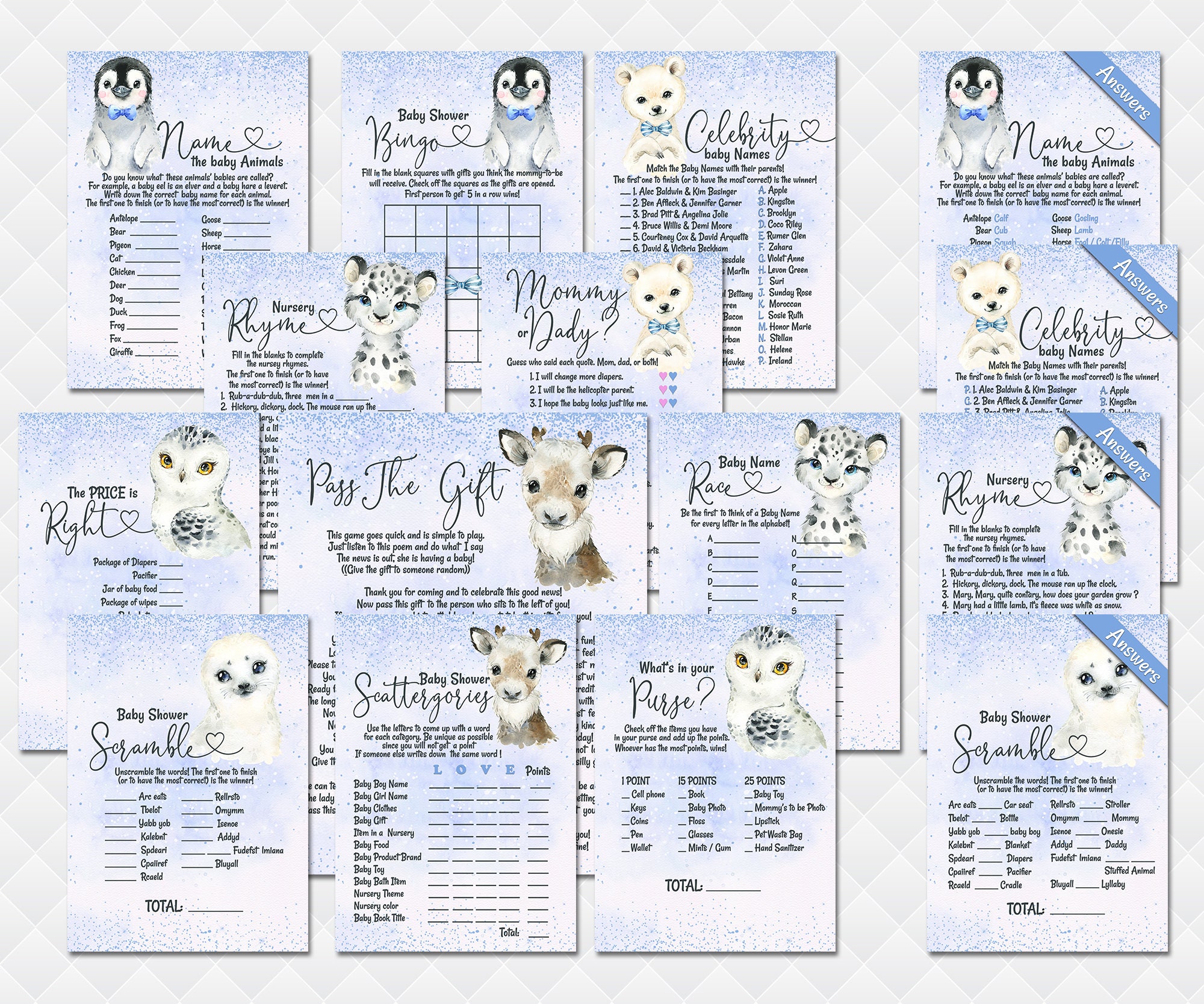 Penguin Baby Shower Games Package Nursery Rhyme Celebrity | Etsy