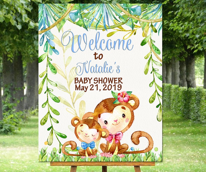 Monkey Baby Shower Welcome Sign Jungle Welcome Poster Blue | Etsy