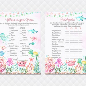 Under the Sea Baby Shower Games Package Bingo What's in Your Purse Quiz ...