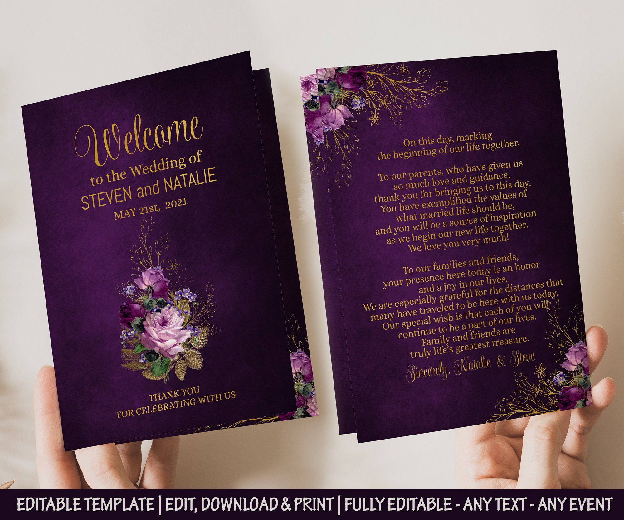 Wedding Program Purple Roses Printable Wedding Program Purple - Etsy