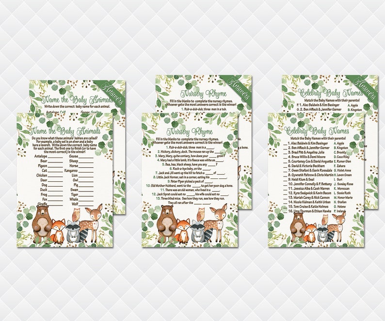 Woodland Baby Shower Games Package Bingo Quiz Celebrity - Etsy