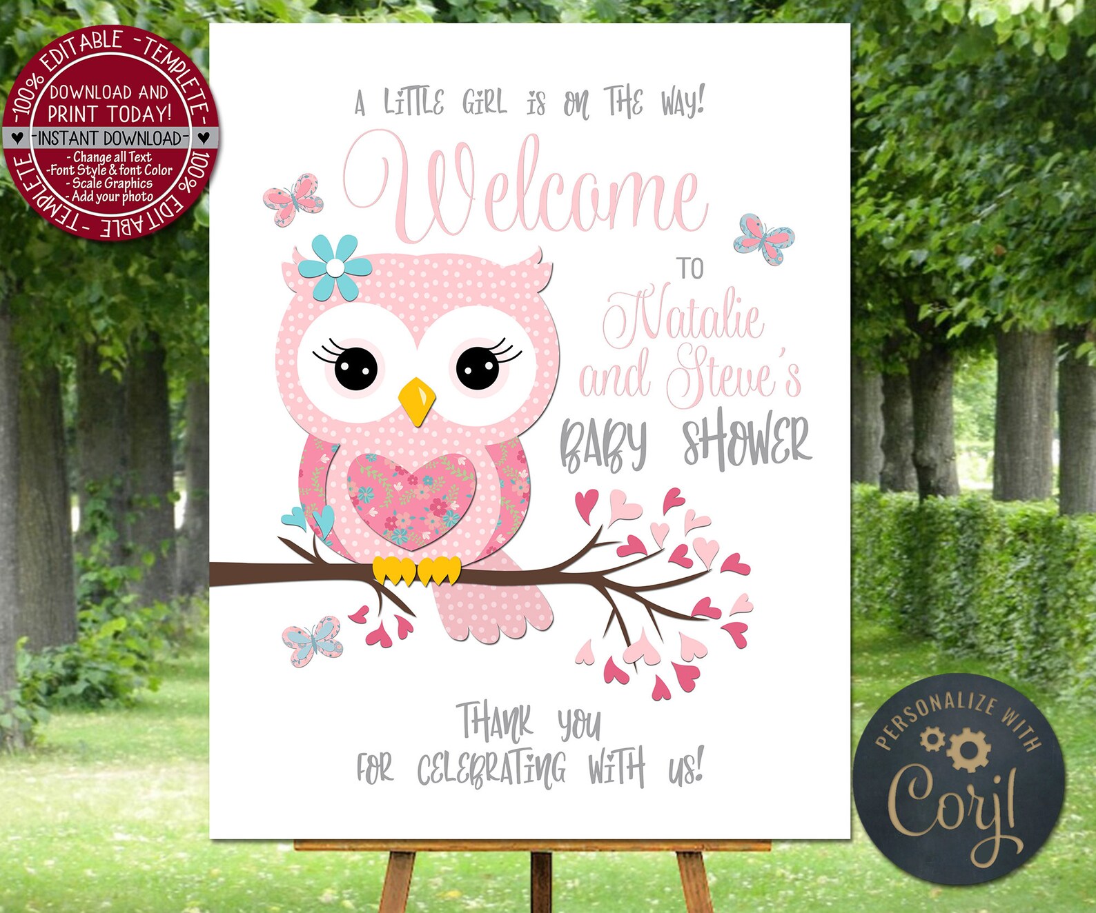 Owl Baby Shower Welcome Sign Pink Owl Welcome Poster - Etsy