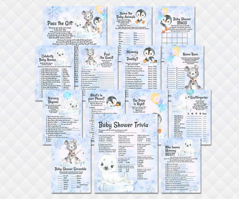 Penguin Baby Shower Games Package Nursery Rhyme Celebrity - Etsy