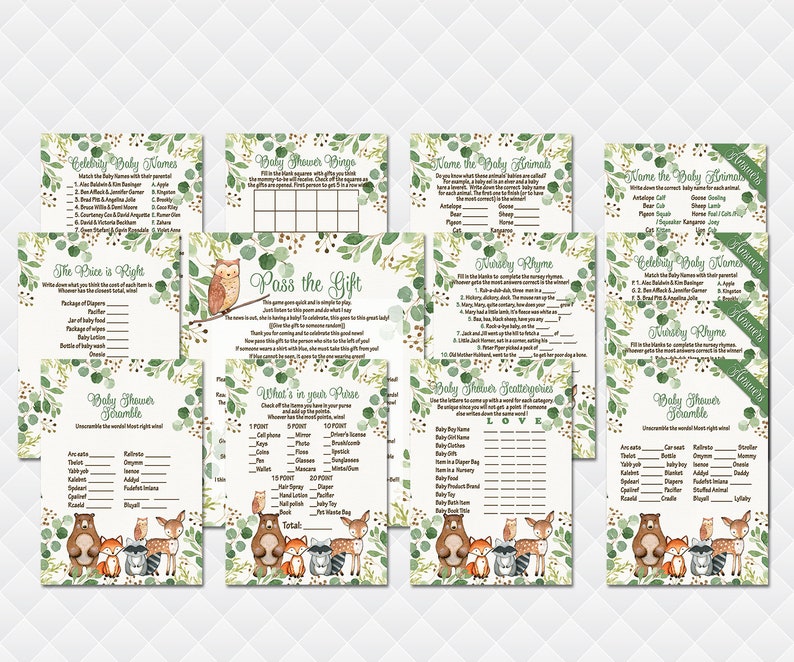 Woodland Baby Shower Games Package Bingo Quiz Celebrity - Etsy