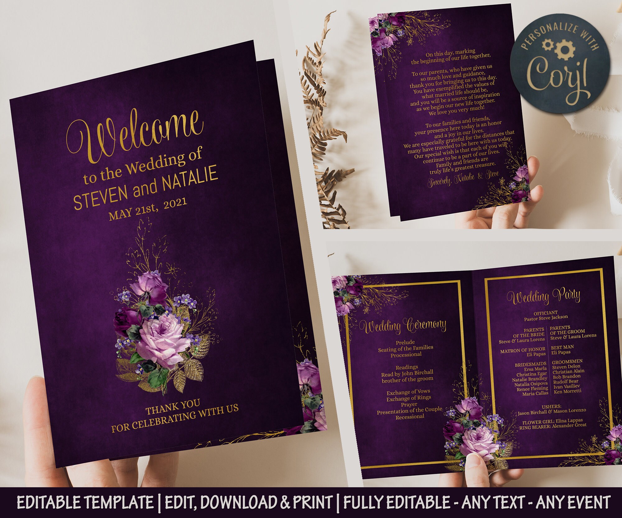 Wedding Program Purple Roses Printable Wedding Program Purple - Etsy