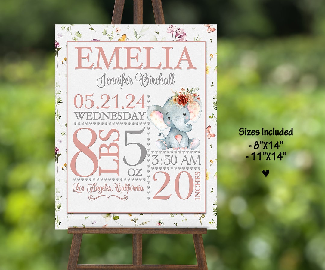Elephant Printable Birth Stats Wall Art Floral Birth - Etsy