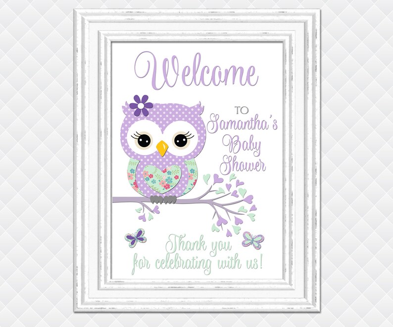 Owl Baby Shower Welcome Sign purple mint owl Welcome Poster | Etsy