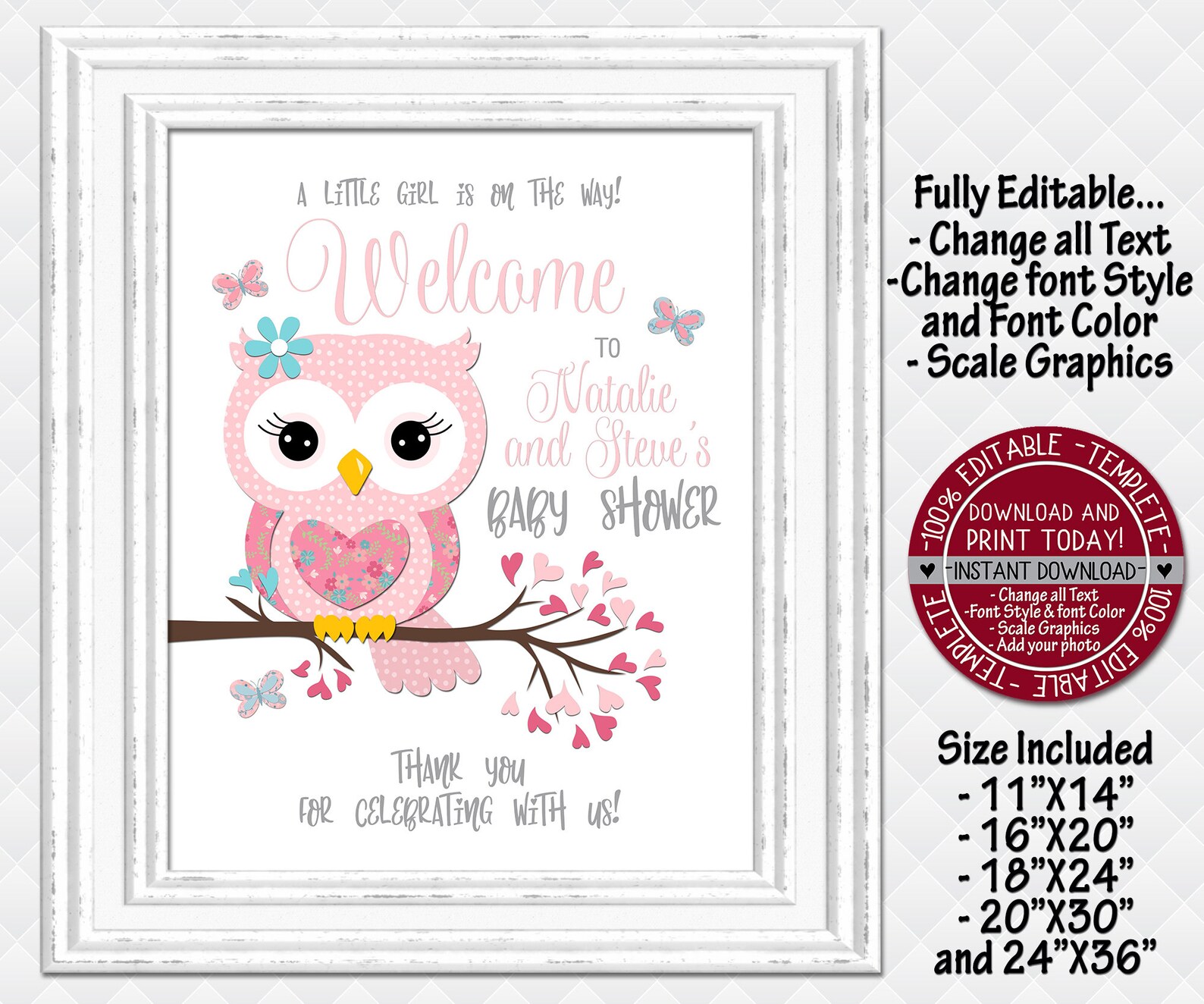 Owl Baby Shower Welcome Sign Pink Owl Welcome Poster - Etsy