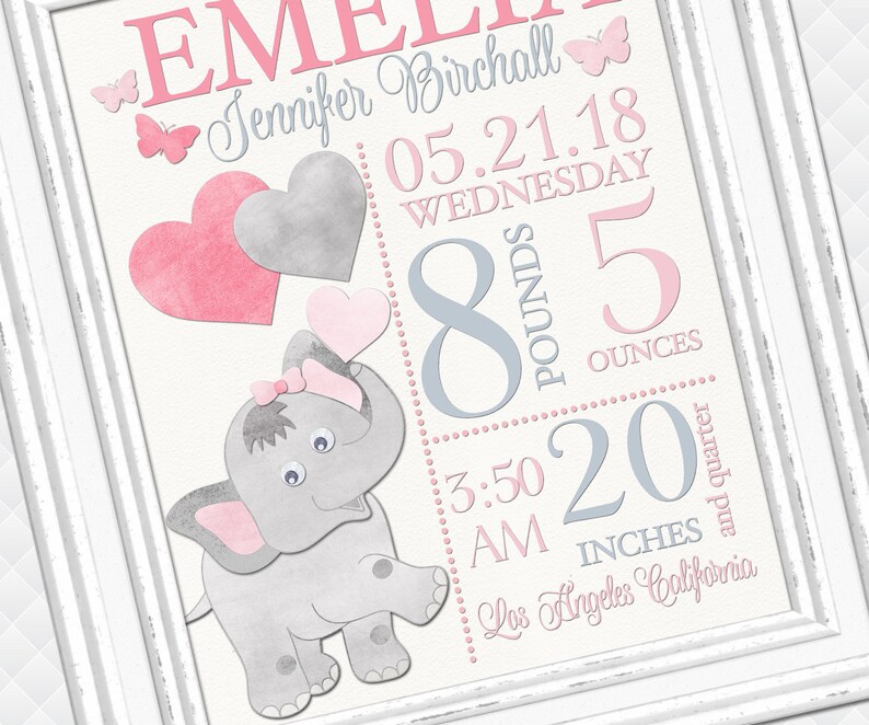 Elephant Printable Birth Stats Wall Art Birth Announcement | Etsy