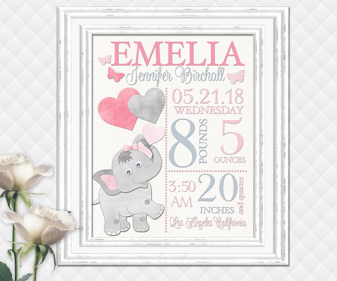 Elephant Printable Birth Stats Wall Art Birth Announcement - Etsy