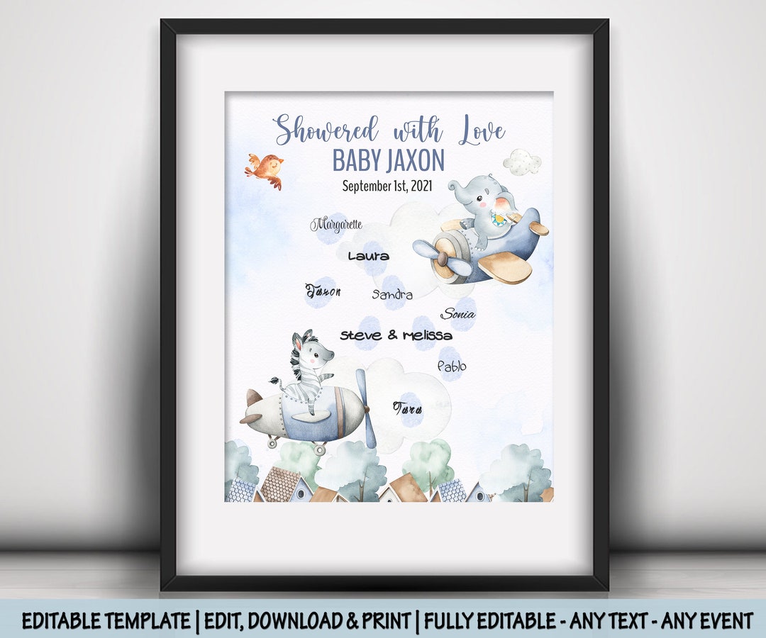 Airplane Thumbprint Alternative Guest Book Blue Baby Shower Zebra ...