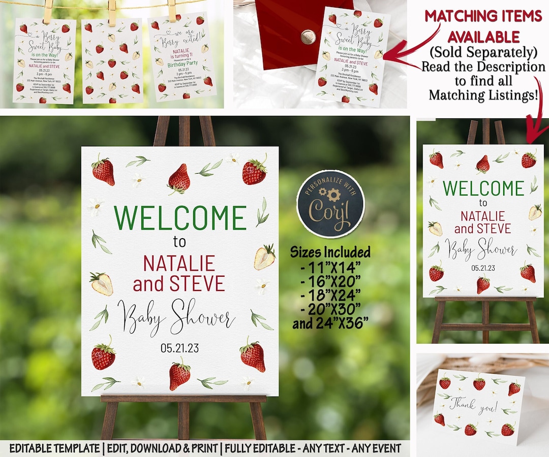Strawberries Baby Shower Welcome Sign Baby Girl Strawberry Editable ...