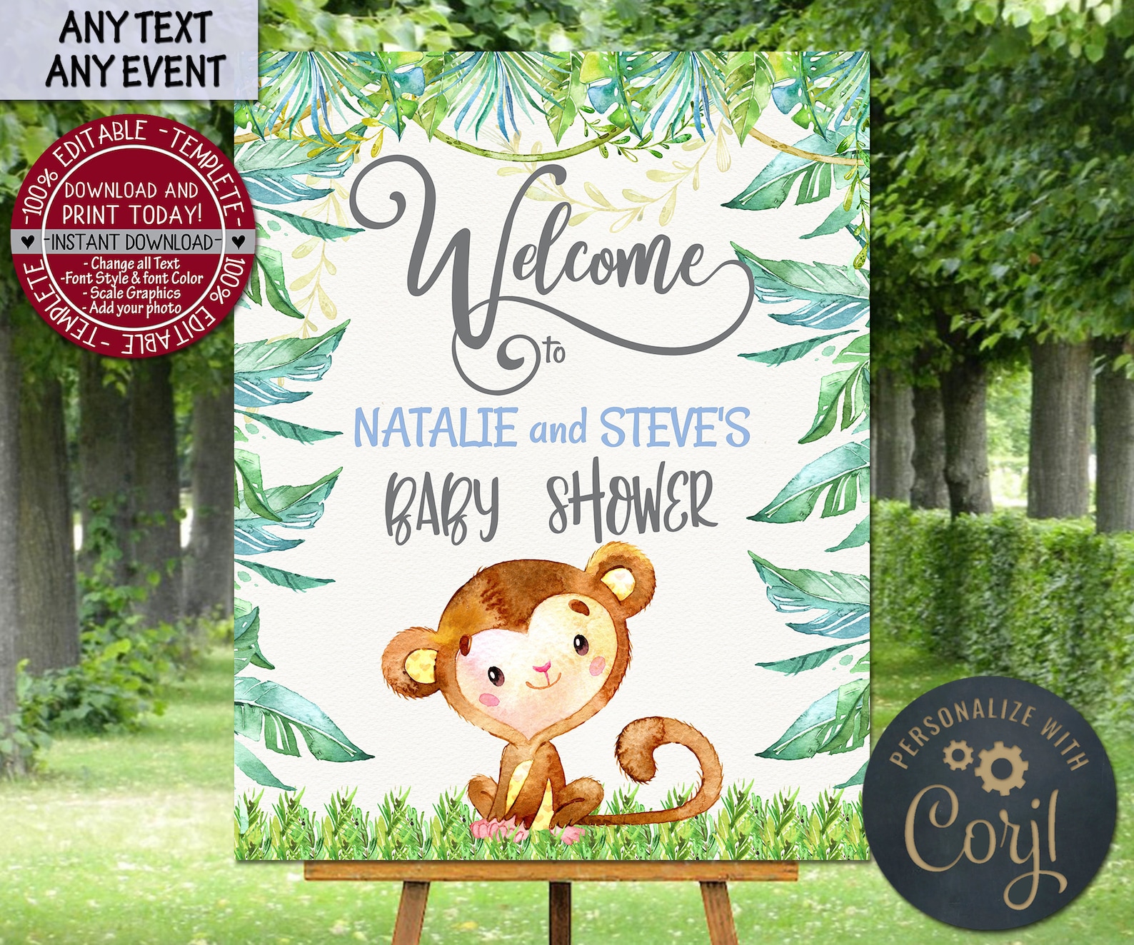 Monkey Baby Shower Welcome Sign Jungle Welcome Poster Blue | Etsy