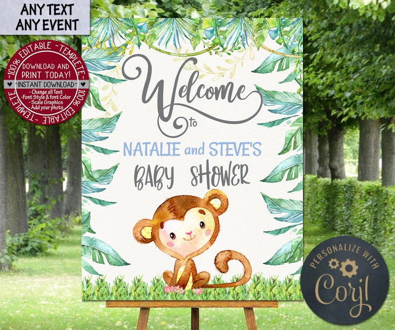 Monkey Baby Shower Welcome Sign Jungle Welcome Poster Blue | Etsy