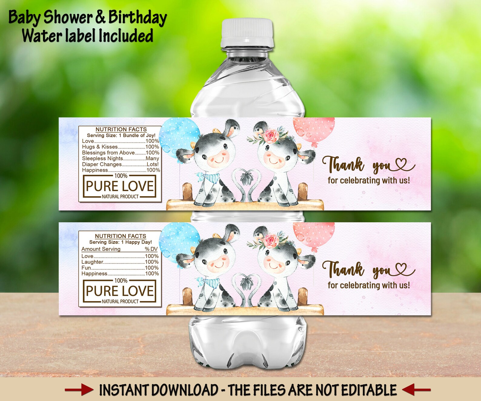 Twins Cows Water Bottle Label Blue Pink Gender Reveal Baby Boy - Etsy